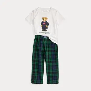 Ralph Lauren Polo Bear Tee & Flannel Pant Sleep Set - White / Office Blue