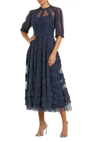 Mac Duggal High Neck Puff Sleeve Ruffle Tiered Dress - Midnight