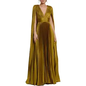 Mac Duggal Pleated Charmeuse V-neck Gown With Cape Sleeves - Chartreuse