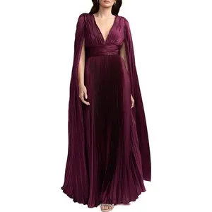 Mac Duggal Pleated Charmeuse V-neck Gown With Cape Sleeves - Plum