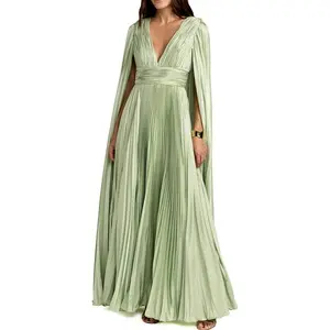 Mac Duggal Pleated Charmeuse V-neck Gown With Cape Sleeves - Sage
