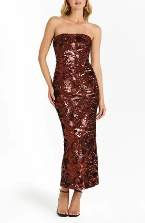 Strapless Draped Sequin Midi Dresses