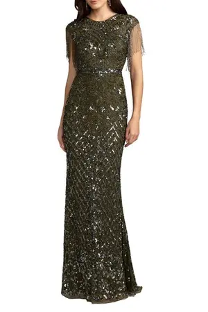 Mac Duggal Mac Duggal High Neck Beaded Fringe Gown Olive