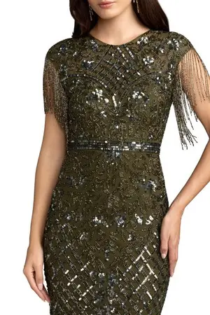 Mac Duggal High Neck Beaded Fringe Gown - Olive