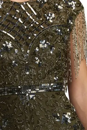 Mac Duggal High Neck Beaded Fringe Gown - Olive