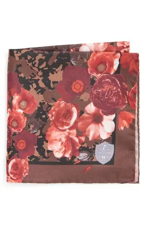 CLIFTON WILSON Brown Floral Silk Pocket Square - Red