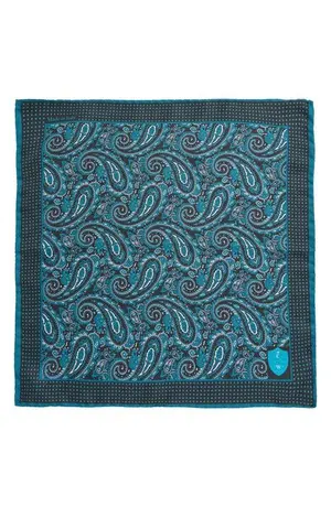 CLIFTON WILSON Paisley Silk Pocket Square - Aqua