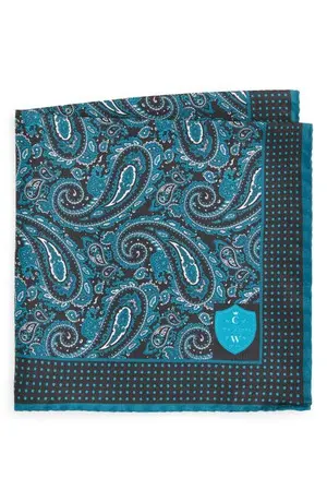 CLIFTON WILSON Paisley Silk Pocket Square Aqua