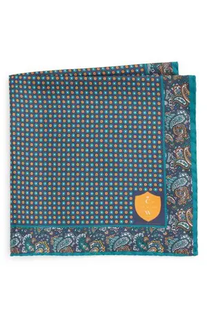 CLIFTON WILSON Paisley Silk Pocket Square Turquoise
