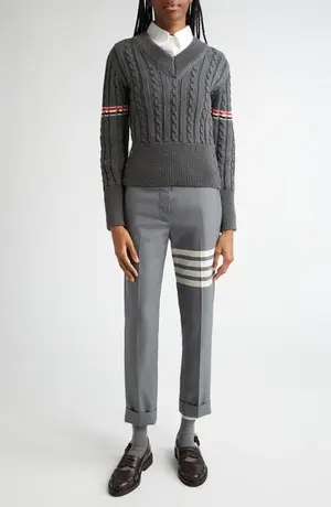 Thom Browne Cable Knit Virgin Wool V-neck Sweater - Medium Grey