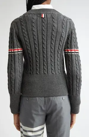 Thom Browne Cable Knit Virgin Wool V-neck Sweater - Medium Grey