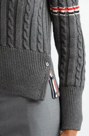 Thom Browne Cable Knit Virgin Wool V-neck Sweater - Medium Grey