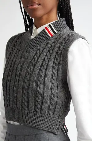 Thom Browne Cable Knit Virgin Wool Sweater Vest - Medium Grey