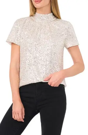 CECE DUPRAZ Sequin Mock Neck Top - Champagne