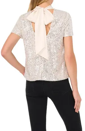 CECE DUPRAZ Sequin Mock Neck Top - Champagne