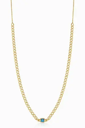 ORADINA 14k Gold Curb Choker Necklace - Gold - Blue Zirconia