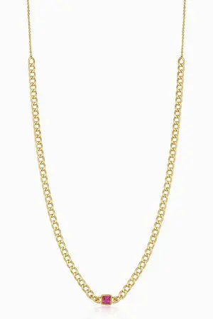 ORADINA 14k Gold Curb Choker Necklace - Gold - Red Zirconia