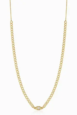 ORADINA 14k Gold Curb Choker Necklace - Gold - White Zirconia