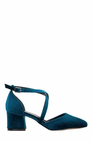 FOREVER & ALWAYS SHOES Dolly Low Block Heel Pumps - Teal Blue Velvet
