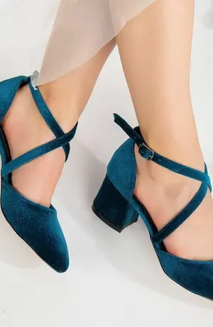 FOREVER & ALWAYS SHOES Dolly Low Block Heel Pumps - Teal Blue Velvet