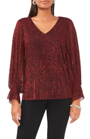 Vince Camuto Smocked Cuff Metallic Top - Red