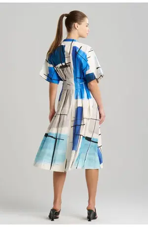 Natori Printed Cotton Poplin Button-down Dress - Blue/grey