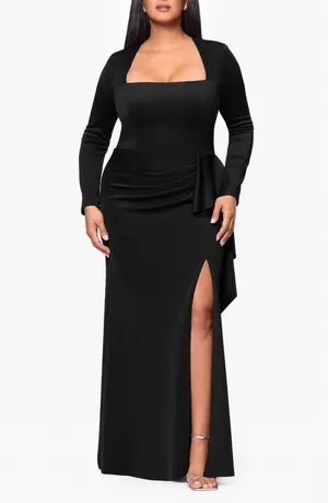 XSCAPE EVENINGS Side Ruffle Long Sleeve Scuba Knit Gown - Black
