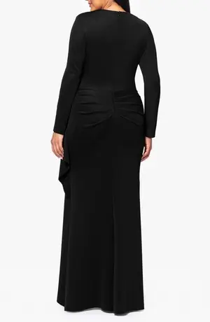 XSCAPE EVENINGS Side Ruffle Long Sleeve Scuba Knit Gown - Black