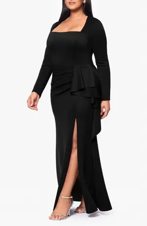 XSCAPE EVENINGS Side Ruffle Long Sleeve Scuba Knit Gown - Black