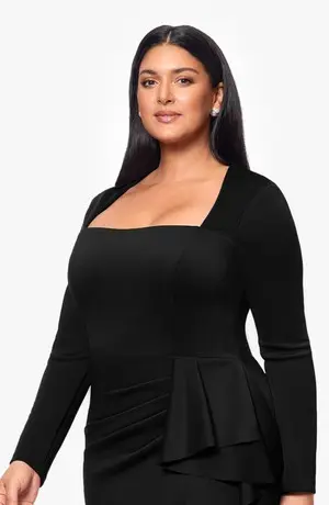 XSCAPE EVENINGS Side Ruffle Long Sleeve Scuba Knit Gown - Black