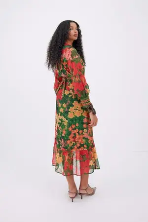RAISHMA Floral Print Chiffon Midi Dress - Olive
