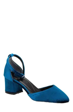 FOREVER & ALWAYS SHOES Marcelle Low Block Heel Pumps - Teal Blue Velvet