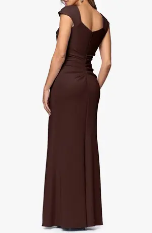 XSCAPE EVENINGS Asymmetric Neck Scuba Knit Trumpet Gown - Brown