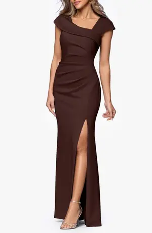 XSCAPE EVENINGS Asymmetric Neck Scuba Knit Trumpet Gown - Brown