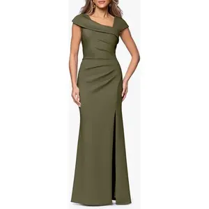 XSCAPE EVENINGS Asymmetric Neck Scuba Knit Trumpet Gown - Olive