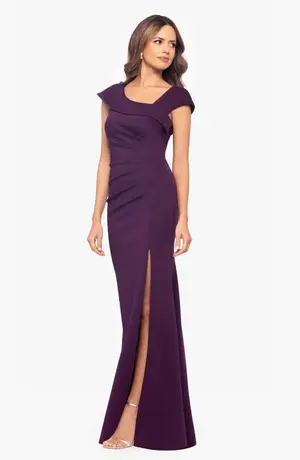 XSCAPE EVENINGS Asymmetric Neck Scuba Knit Trumpet Gown - Plum