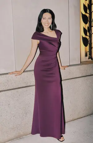 XSCAPE EVENINGS Asymmetric Neck Scuba Knit Trumpet Gown - Plum