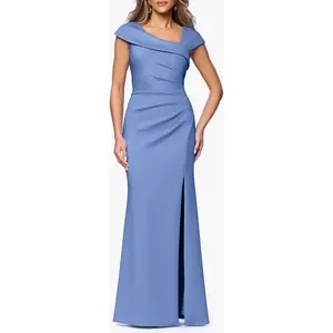 XSCAPE EVENINGS Asymmetric Neck Scuba Knit Trumpet Gown - Slate