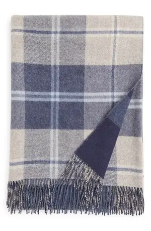 Johnstons Of Elgin Plaid Wool Throw Blanket Blue With Cream Windowpane