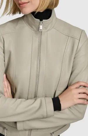 Andrew Marc Rowan Leather Racer Jacket - Stone