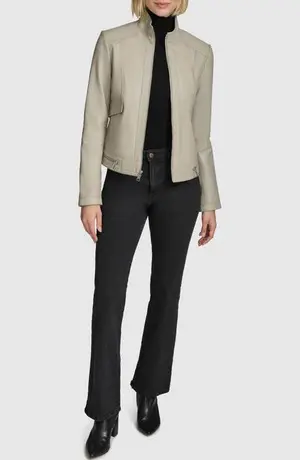 Andrew Marc Rowan Leather Racer Jacket - Stone