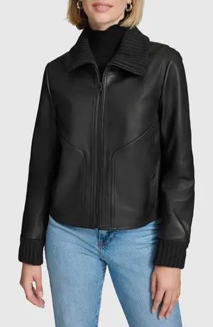 Andrew Marc Beatrix Lambskin Leather Bomber Jacket - Black