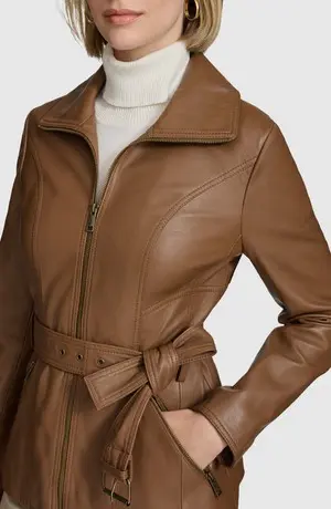 Andrew Marc Tatum Belted Leather Jacket - Cognac