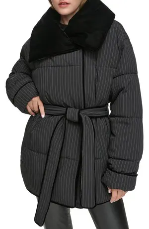 Andrew Marc Krithia Pinstripe Belted Puffer Coat