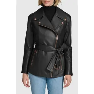 Andrew Marc Delphine Belted Leather Moto Jacket
