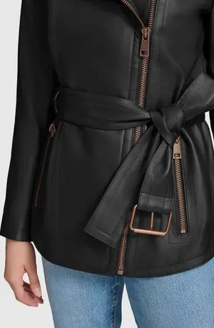 Andrew Marc Delphine Belted Leather Moto Jacket
