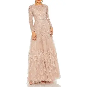 Mac Duggal Disc Embellished Sequin Gown With Feathers - Dusty Rose