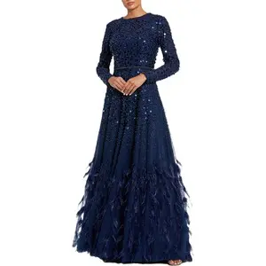 Mac Duggal Disc Embellished Sequin Gown With Feathers Midnight