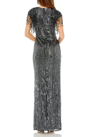 Mac Duggal High Neck Embellished Fringe Gown