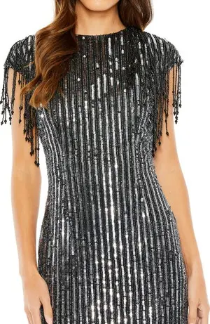 Mac Duggal High Neck Embellished Fringe Gown